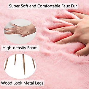 Pink Faux Fur Desk Chair with Wood Transfer Metal Legs,Furry Makeup Vanity Chair with Upholstered Back Comfy Home Office Desk Chair for Girls Women Arm Chair for Bedroom Living Room Task Chair