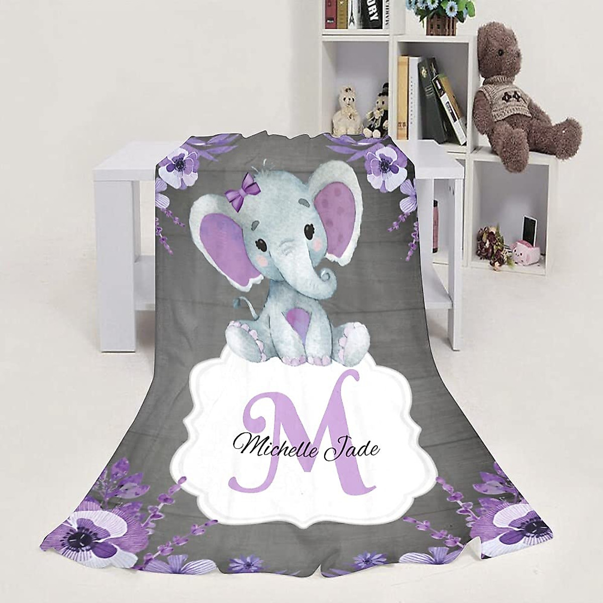 Yeshop Personalized Throw Blanket, Monogram Purple Floral Elephant Custom Blankets 50x60 Inches for Couch Bed, Fleece Blanket with Your Name Birthday for Boy Girl Teen