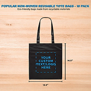 Tote Bags - Non-Woven Bag Totes - 10 pack - Customizable Text, Logo - Reusable Polypropylene Cloth Fabric - Black