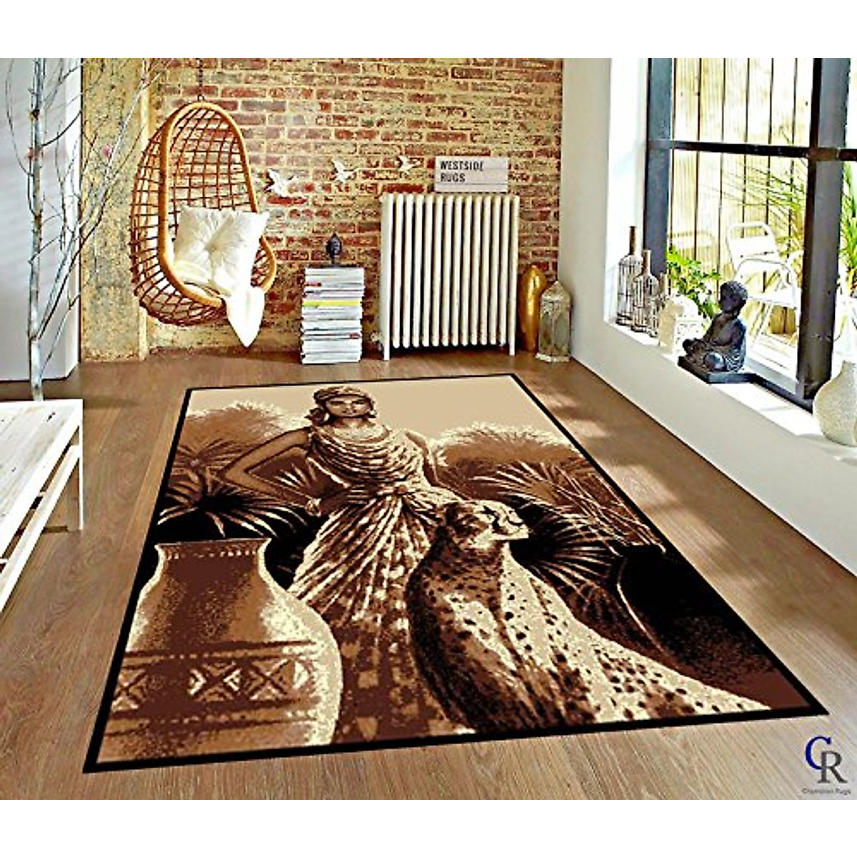 Lady and Leopard African Theme Area Rug (5’ 3” X 7’ 5”)