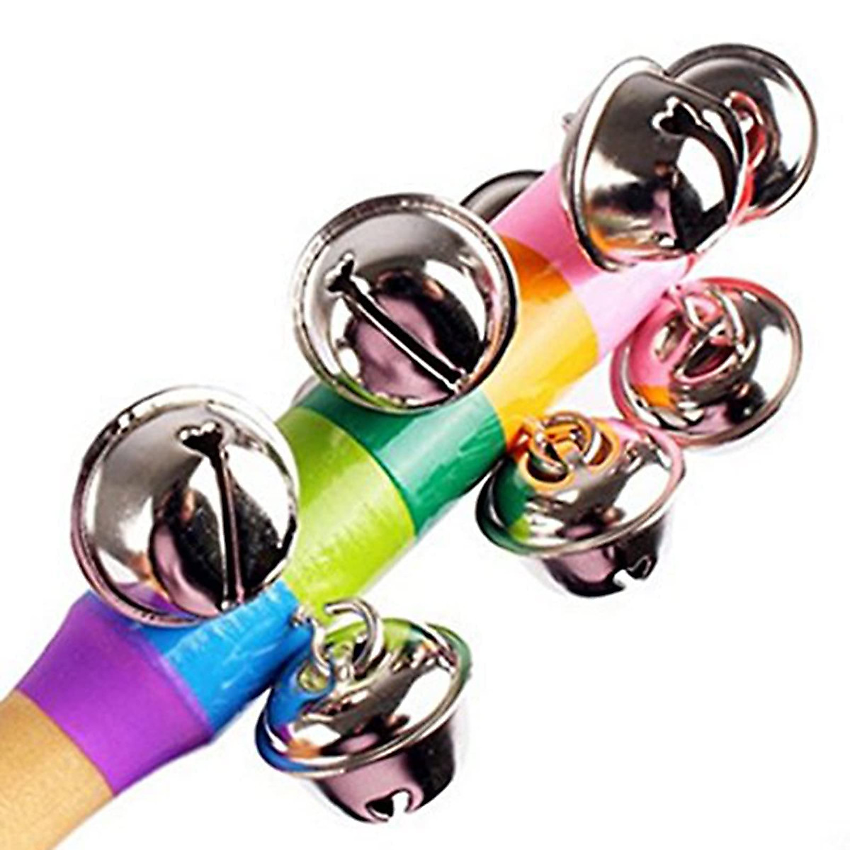 2 Pack Vivid Color Rainbow Handle Wooden Bells Jingle Stick Shaker Rattle 10 Jingle Bells Baby Kids Children Musical Toys