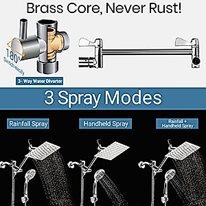 COSYLAND Rainfall Shower Head with Handheld Combo High Pressure 9 Settings with 11'' Extension Arm, Stainless Steel Bath Showerhead Shower Hose, Height/Angle Adjustable (8 inches, Silver)