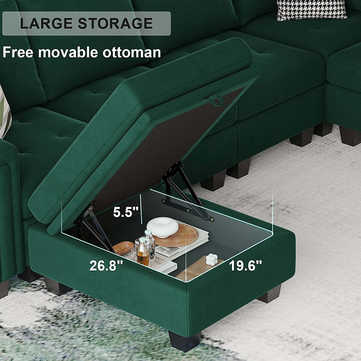 Belffin Oversized Velvet Modular 8-Seat Sectional Sofa Set with Storage Ottoman U Shaped Couch Set Modular Sectional Convertible Sofa Couch with Reversible Chaise Corner Sofa Couch Set Green