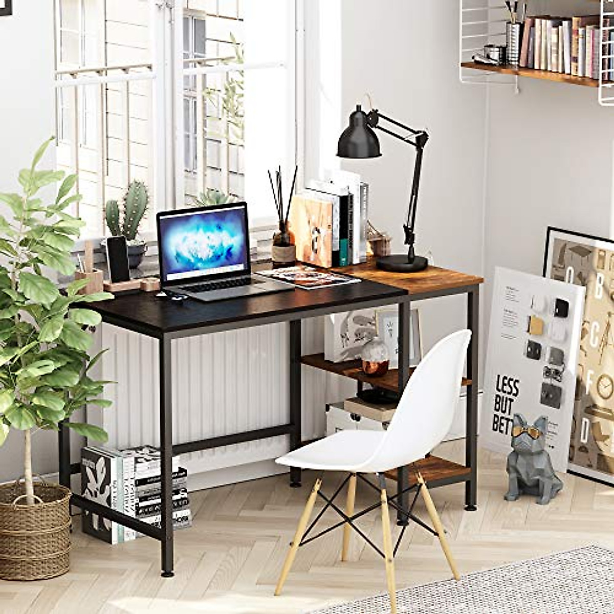 JOISCOPE Study Computer Desk for Home Office,Small Working and Writing Desk with Wooden Storage Shelf,2-Tier Industrial Morden Laptop Table with Splice Board,47 inches(Black Oak Finish)