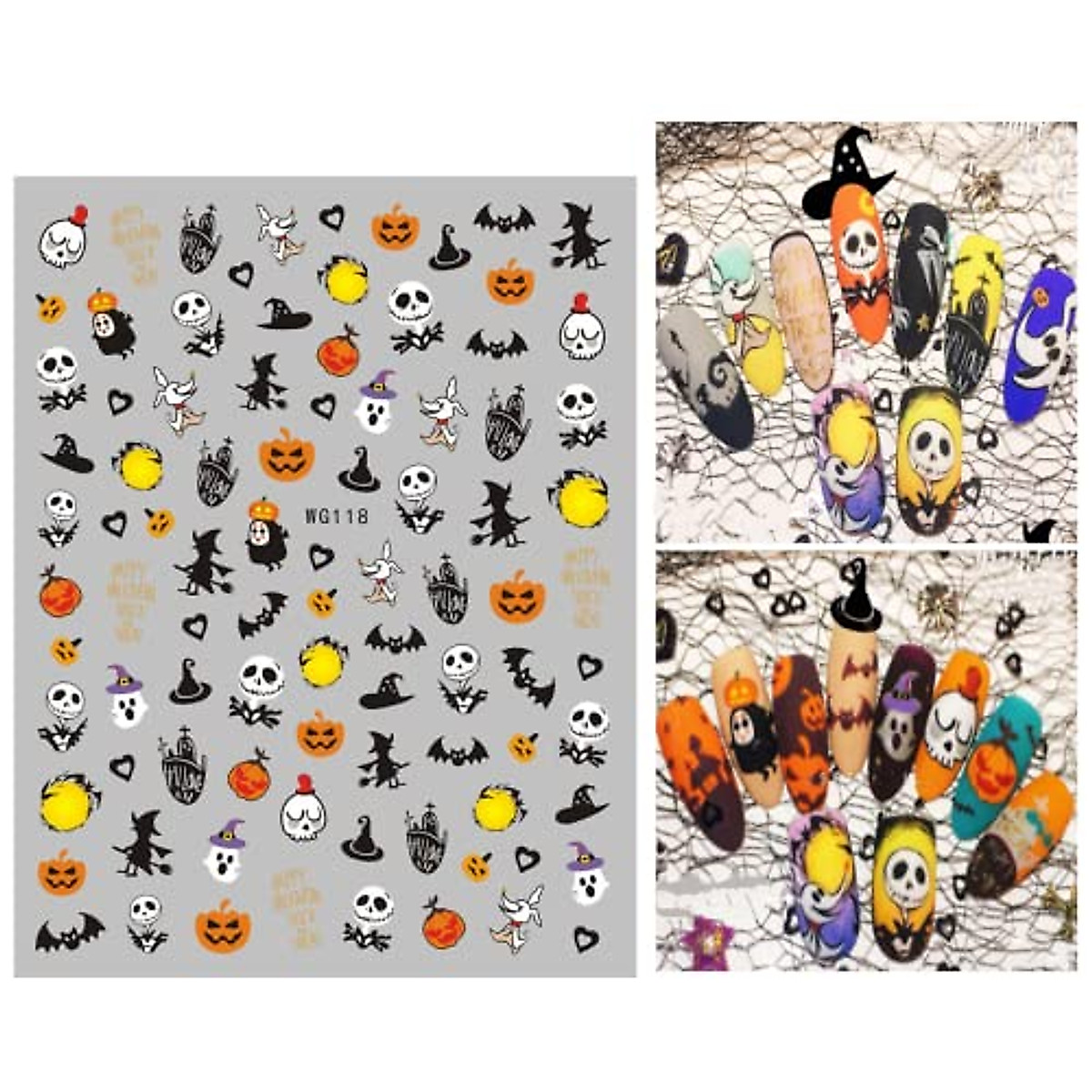 8 Sheets Halloween Nail Art Stickers Decals Self-Adhesive Pegatinas Uñas Cute Ghost Pumpkins Skull Spider Web Nail Supplies Nail Art Design Decoration Accessories
