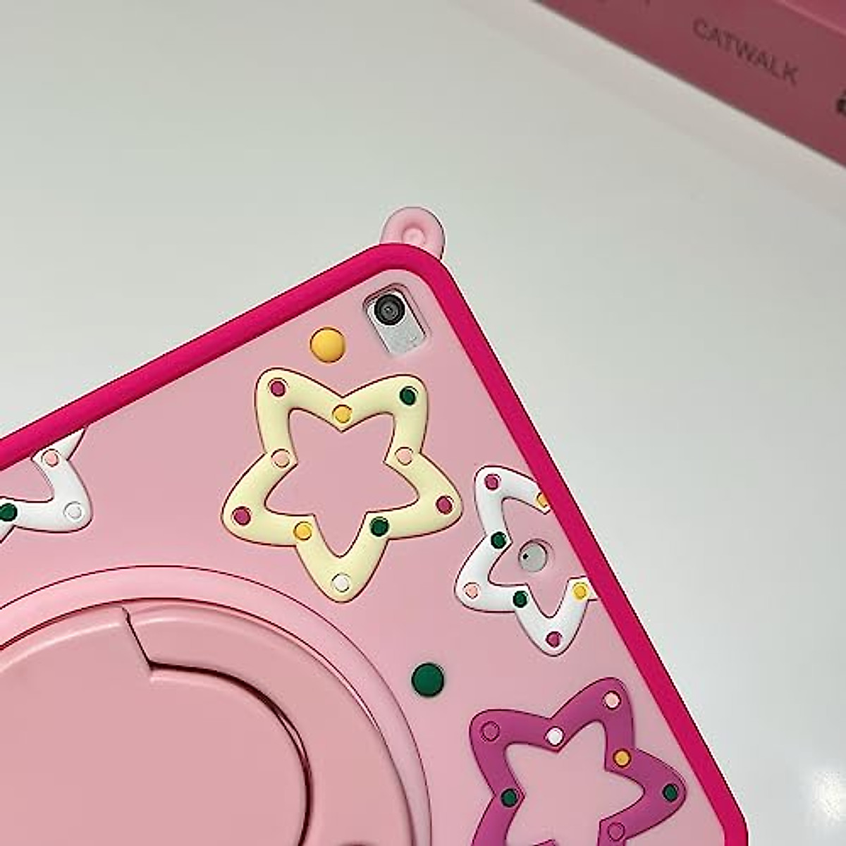 Premium Cute Soft Silicone Pink Star Colorful Kawaii Pattern Tablet Case with Built-in Foldable Kickstand and Lanyard Shockproof Cover Case for iPad Air 2019/ Pro 10.5"