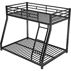 DNYN Twin Over Full Metal Bunk Bed with Safety Guardrail & Ladder for Kids/Adults,Floor Bunkbeds,Sturdy Steel Bedframe,No Box Spring Need,Perfect for Dorm,Bedroom,Guest Room,77.1"x55.9"x53.7", Black