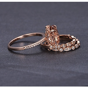 Oval Morganite Engagement Ring Trio Bridal Set Milgrain Under Gallery 14K Rose Gold Art Deco 10x12mm