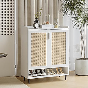 OLD CAPTAIN Shoe Storage Cabinet, 5-Tier Modern Entryway Organizer Cabinet with Door,Deodorisation and Automatic Lighting (White Rattan)