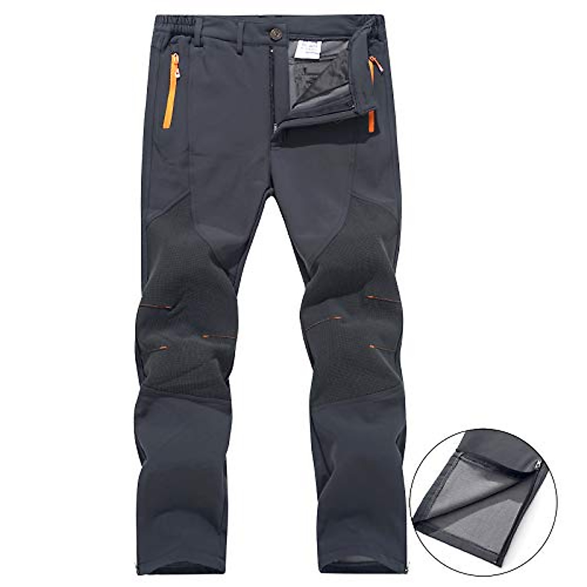 NAVEKULL Men's Ski Snow Pants Fleece Lined Windproof Waterproof Outdoor Snowboard Trousers Winter Warm Soft Shell Hiking Camping Fishing Climbing Travelling Black Grey Pants With Zipper Pockets