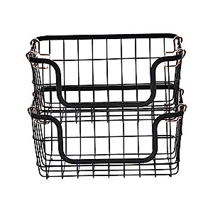 Amazon Basics Stackable Metal Wire Storage Basket Set for Kitchen or Bathroom - Black/Rose Gold