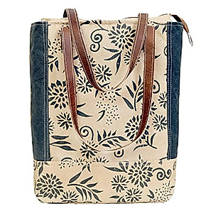 Ruzioon Upcycled Canvas & Cowhide Tote Bag, Upcycled Canvas & Leather Shoulder Bag, Upcycled Canvas Hand Bag for Women’s