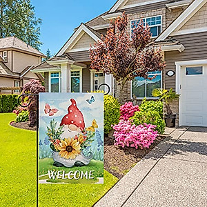 Hzppyz Welcome Spring Gnome Sunflower Wild Flower Garden Flag Double Sided, Red Polka Dots Hat Butterfly Floral Decorative House Yard Outdoor Small Decor, Summer Seasonal Home Outside Decoration 12x18