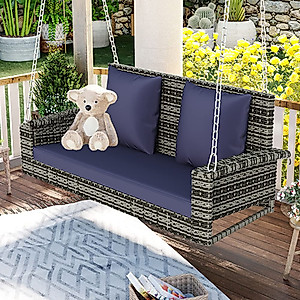 ERYE Outdoor PE Wicker Swing Chains, Pillows for Garden, Backyard, Pond Porch Furniture Set, 2 Seaters Double Rattan Cushioned Conversation Hanging Sofa & Couch, Gray+Blue