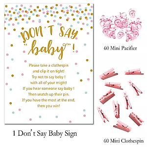 Don't Say Baby Shower Clothespin Game for Girl Includes 8x11 Standing Sign, 60 Mini Pink Clothes Pin, 60 Mini Pacifiers