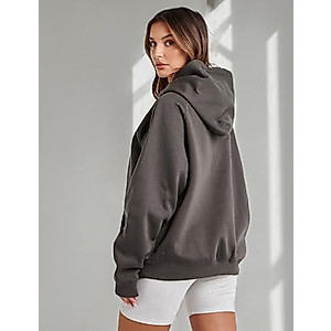 Lauweion Women Solid Basic Fleece Letter Loose Hoodie Sweatshirt Long Sleeve Kangaroo Pocket Drop Shoulder Pullovers Top Dark Grey