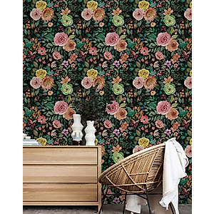 JiffDiff Peel and Stick Wallpaper Dark Floral Wallpaper Floral Wall Mural Peony Nursery Wallpaper for Bedroom(17.7" x 118.11",Black)