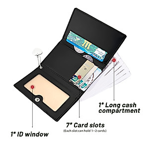 Sminra Womens Wallet Small Trifold Slim Leather Cute Wallet Cash Pocket with Heart chain Coin Purse ID Window Card Holder for Girls and Ladies (Black)