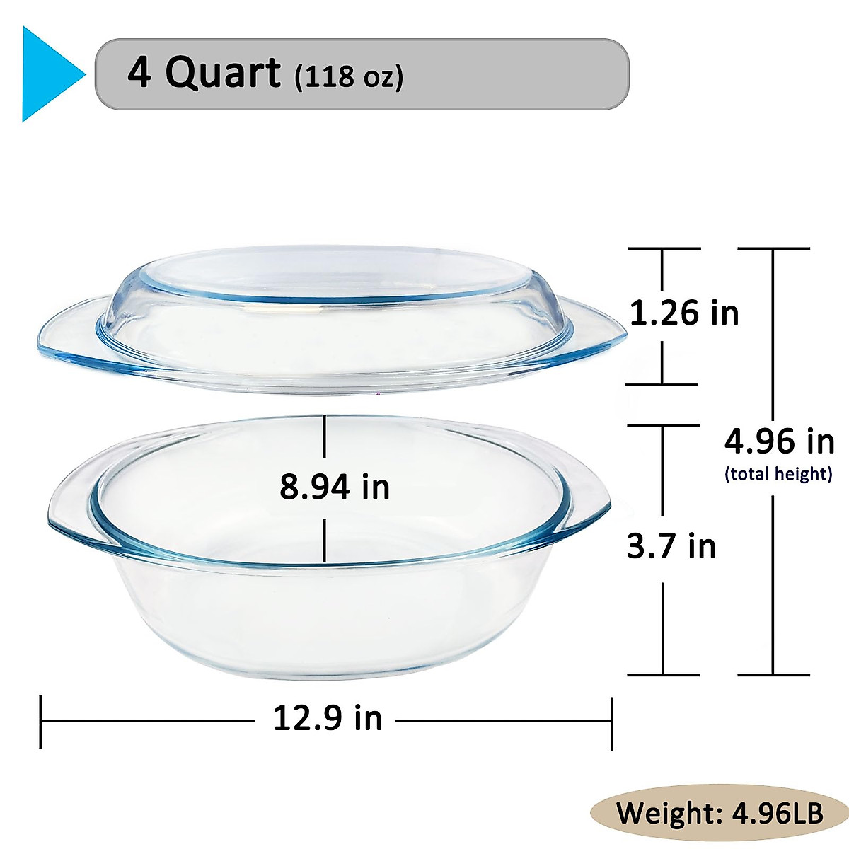 LERIYUFS 3.5L Glass Casserole with Glass Lid, Oval Clear Microwavable Glass Bowl With Lid, Oven Safe Covered Glass Baking Dish for Oven (118 oz-Oval)