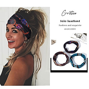 GORTIN Boho Headbands Green Stretch Wide Hair Bands Feather Print Turban Headband Yoga Head Wraps Elastic Head Band for Women and Girls Pack of 3 (Set 3)