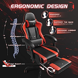 Shahoo Gaming Chair with Footrest and Massage Lumbar Support, Video Racing Seat Height Adjustable with 360°Swivel and Headrest for Office or Bedroom, Red