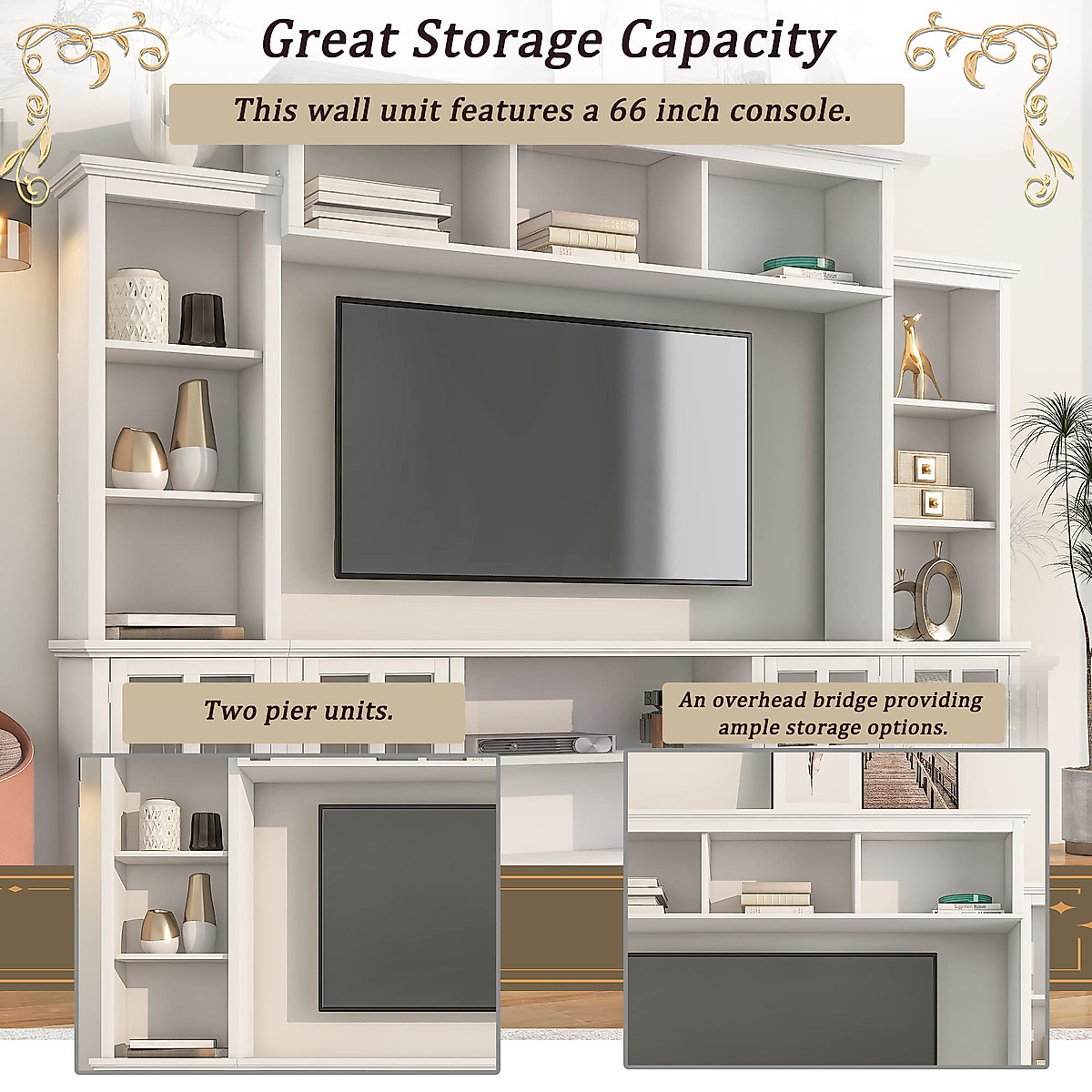 Multifunctional All in One TV Stand for TVs Up to 70'', Luxury Entertainment Wall Unit with Bridge and Tempered Glass Door, TV Stand Console Table with Top Cabinet for Living Room (White-70)