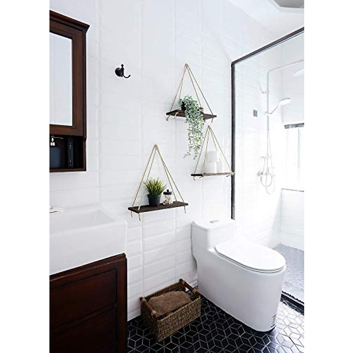 Mkono 5 Pack Set Wall Hanging Shelves 3 Pac Wood and Rope Shelves and 2 Pack Small Floating Shelves with Metal Basket Frame Home Decor Display Shelf for Bathroom, Bedroom, Living Room