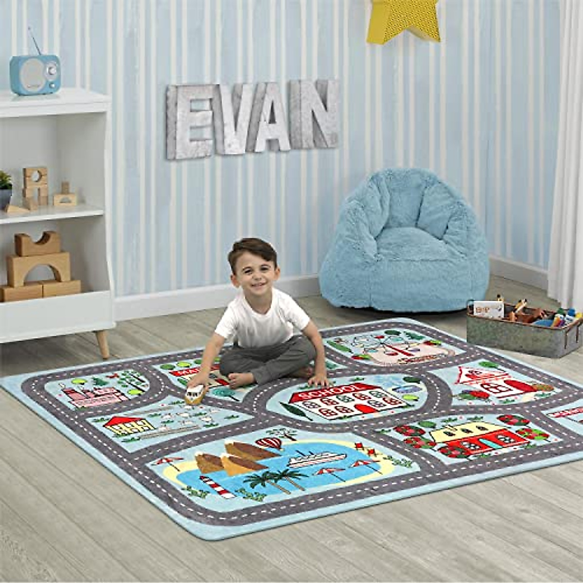 LIVEBOX Soft Kids Rug 4'x6' Carpet Play Mat for Baby Boys Girls, City Life Road Traffic Playroom Rug for Playing Cars Toys, Educational Nursery Rug for Children Bedroom Kids Room