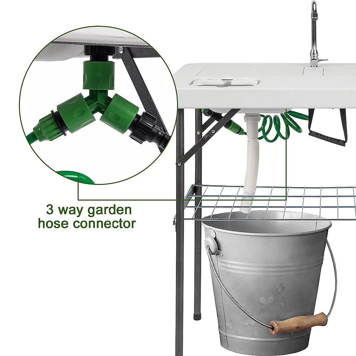 VINGLI Folding Fish Cleaning Table with 2 Sink, Outdoor Portable Camping Table with Grid Rack & Sprayer, Cutting Table with Drainage Hose Stainless Steel Faucet for Patio Backyard BBQ