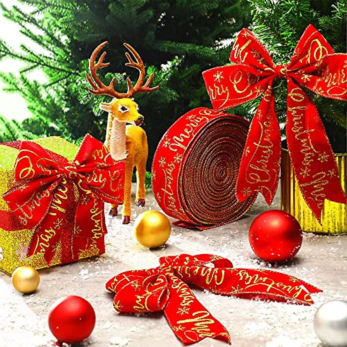 50 Yards Merry Christmas Wired Ribbon 2.5 Inch Wide, Christmas Velvet Candy Wrapping Ribbon, Gold Trim Wrapping Ribbon Roll for Christmas Party Gift Decoration Craft Wreath Bow Making (Red)