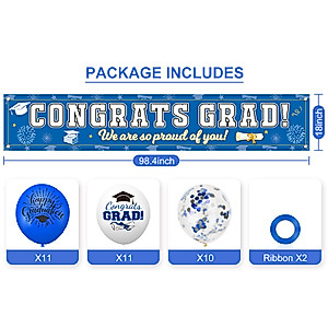 AKEROCK Graduation Decorations Class of 2024, Graduation Banner for Yard, Congrats Grad Banner for Congratulations Decorations, Includes 32 Balloons and 2 Rolls of Ribbon, Blue