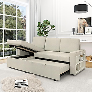 ONEMMLION Convertible Sleeper Sofa Couch with Pullout Bed, 85.8" Reversible Sectional Sofa Bed with Storage Chaise&Storage Racks, 3 Seat L-Shape Pull Out Couch with USB Charge Ports(Beige)
