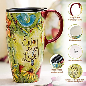 CEDAR HOME Coffee Ceramic Mug Porcelain Latte Tea Cup With Lid 17oz. Enjoy Life