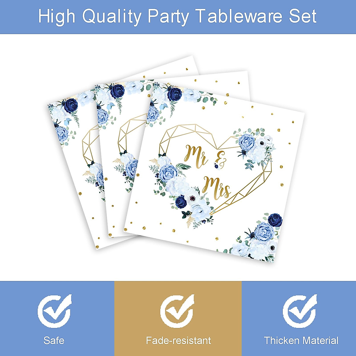 24 Guests Mr and Mrs Bridal Shower Party Supplies, Blue and White Flowers Hearts Geometric Party Plates Napkins Forks Set for Couple Wedding Bride to Be Engagement Party Decorations