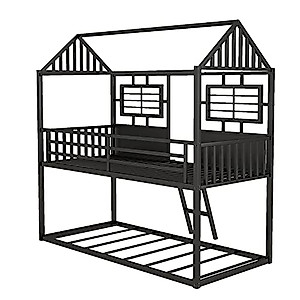 BIADNBZ Twin Over Twin Metal Bunk Bed House Shaped, Sturdy Low Bunkbed Frame with Roof and Fence-Shaped Guardrail, for Kids Boys Girls, Black