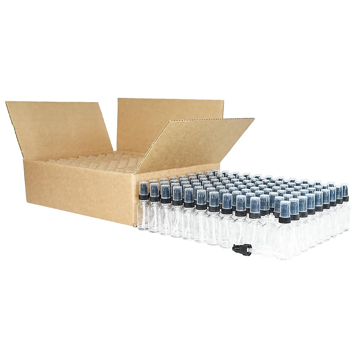 GlassBottleOutlet (Pack of 108) 1 oz. Clear Boston Round with Black Treatment Pump