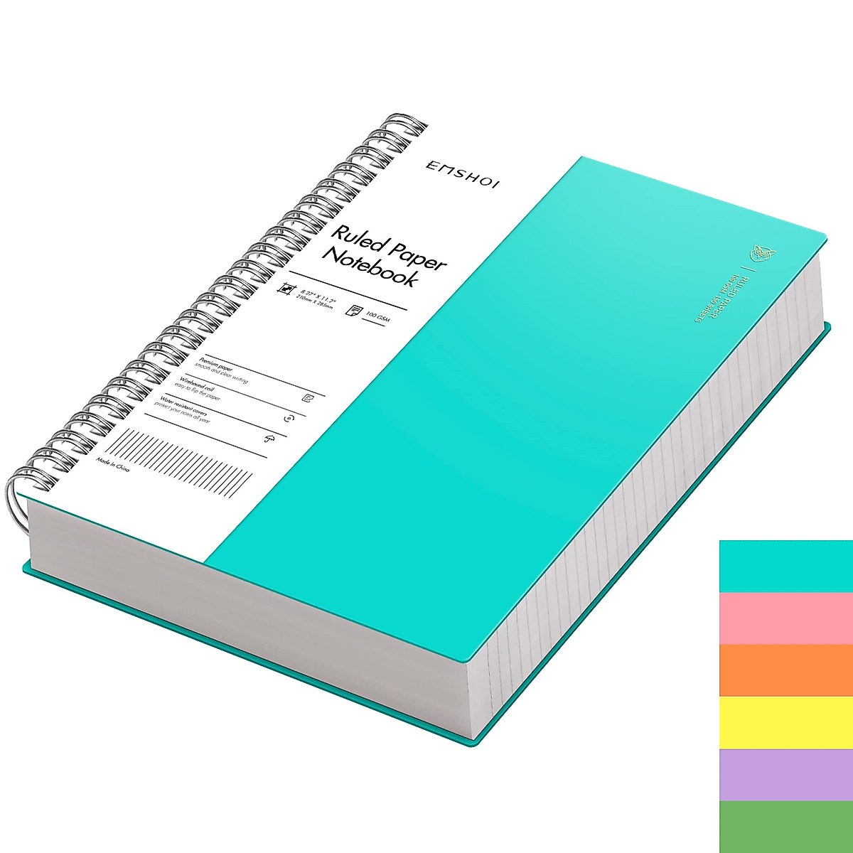 EMSHOI A4 Spiral Notebook College Ruled Lined Journal, 11.2" x 8.27", 300 Pages, 100gsm Thick Paper, Waterproof Softcover, Twin-Wire Binding, Sticky Notes, LightBlue