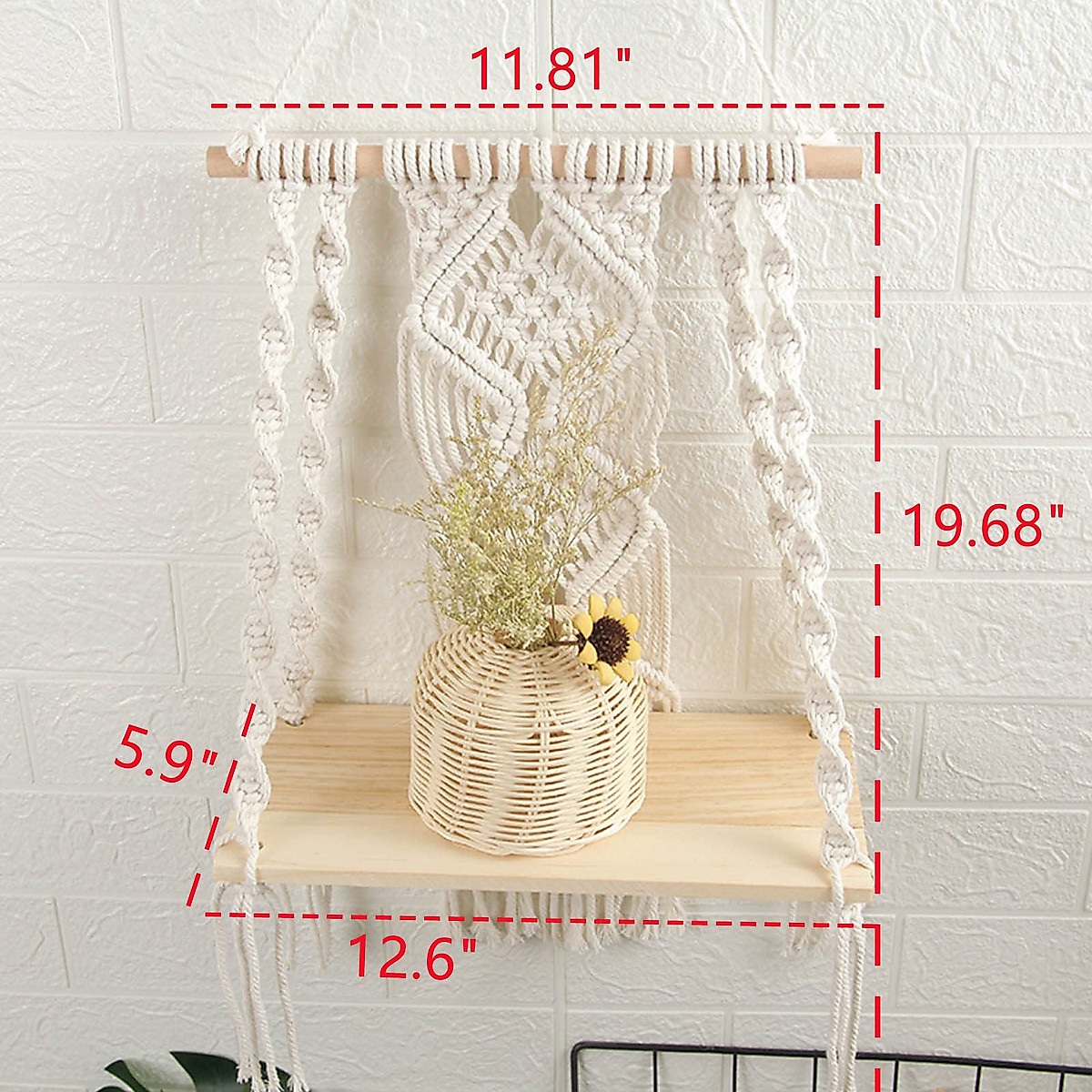 JnnRain Macrame Shelf Macrame Wall Hanging Shelf Beige Macrame Hanging Shelves White Macrame Wall Shelf Decor Plants Wall Shelf Home Decor