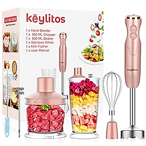 Keylitos 5-in-1 Immersion Hand Blender, Powerful 12-Speed Handheld Stick Blender with 304 Stainless Steel Blades, Chopper, Beaker, Whisk and Milk Frother for Smoothie, Baby Food, Sauces Red,Puree, Soup (Golden Pink)