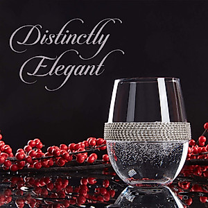 Cheer Collection Berkware Set of 6 Luxurious Stemless Wine Glasses with Sparkling Diamond Studded Design (Silver)