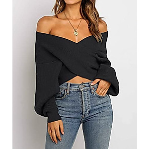 ZCSIA Women's Wrap V Neck Cropped Sweaters 2023 Fall Long Sleeve Cross Front Off Shoulder Solid Knitted Pullover Tops,Black,XLarge