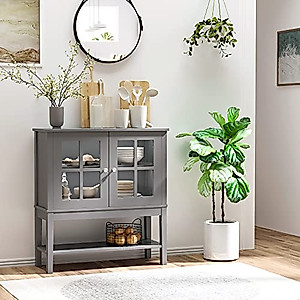 HOMCOM Coffee Bar Cabinet, Modern Sideboard Buffet Cabinet, Kitchen Cabinet with 2 Glass Doors, Adjustable Inner Shelving and Bottom Shelf, Grey