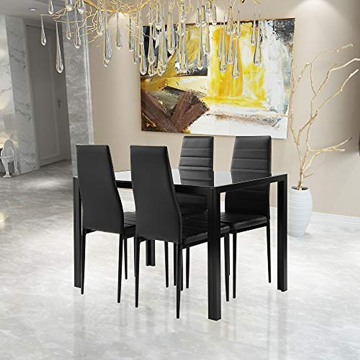 IANIYA Dining Room Table，Kitchen Table, Square Glass Kitchen Table with 4 Chair Black