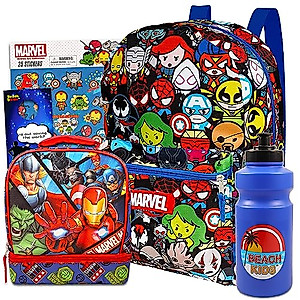 Avengers Backpack with Lunch Bag - Bundle with Avengers Backpack for Boys 8-12, Avengers Lunch Box, Water Bottle, Stickers, More (Marvel Avengers School Backpack for Boys)