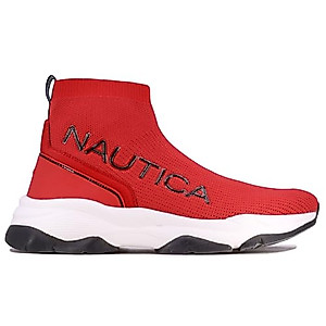 Nautica Men's Slip-On Sneaker High Top Socks Shoes with Ankle Support – Comfortable & Breathable Lace-Up Gym Walking Running Shoes-Bowen Mens-Red Black1-Size 12