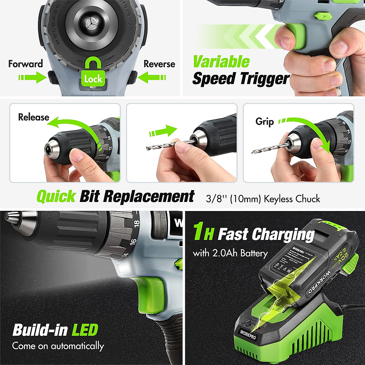 WORKPRO Cordless Drill Combo Kit, 157PCS Power Tool Set with 20V Cordless Lithium-ion Power Drill Driver, Cordless Drill Set With Wide Mouth Open Tool Bag