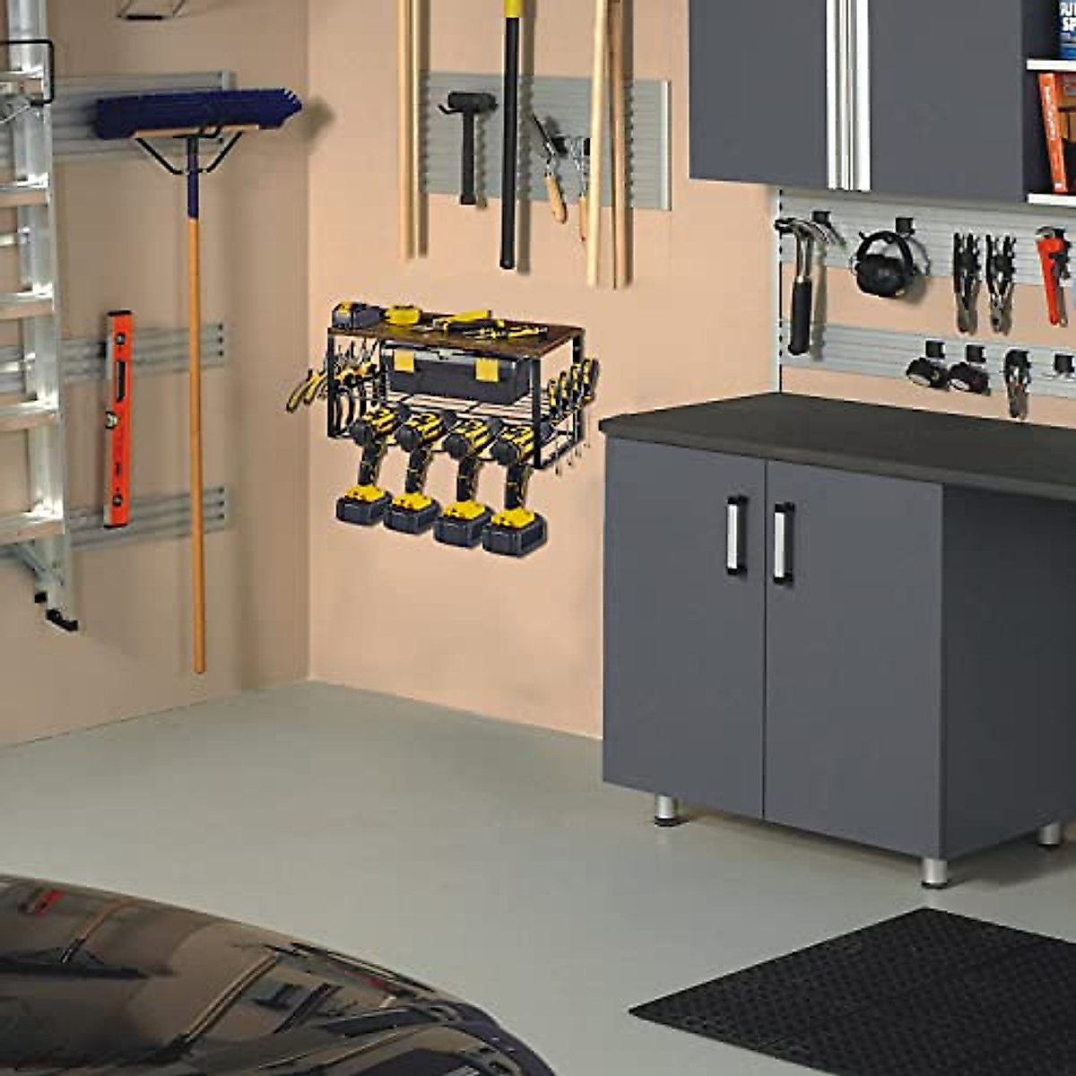 NIUXX Power Drill Tool Organizer Wall Mounted, Garage Storage Rack for Handheld Power Tools, Heavy Duty Floating Utility Tool Storage Shelf with Side Screwdriver for Garage, Home, Workshop