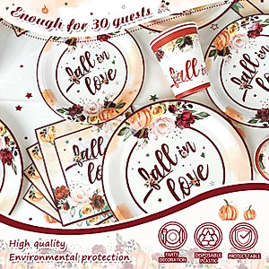 Zhynice Fall in Love Bridal Shower Decorations 121 Pcs Fall Wedding Disposable Dinnerware Autumn Floral Pumpkin Plates and Napkins Cups Tablecloth for Fall Theme Wedding Engagement Supplies 30 Guest
