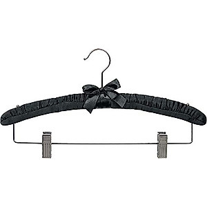 Black Satin Padded Combo Hanger with Clips in 16" Length X 1" Thick with Chrome Hardware, Box of 12