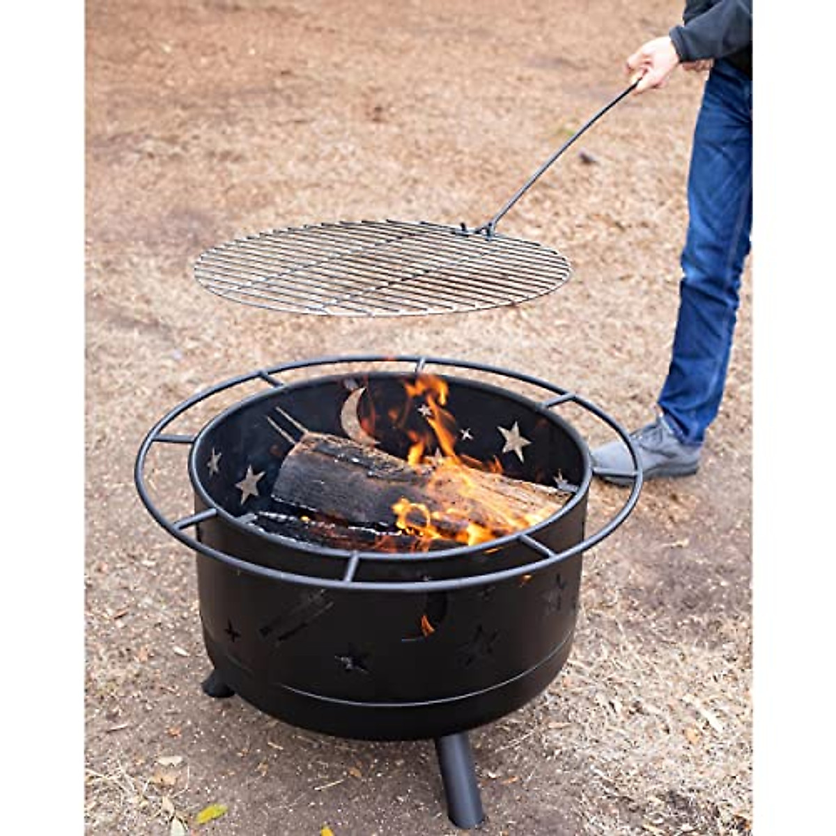 BIRDROCK HOME 30" Round Patio Fire Pit with Cover - Stars & Moon Pattern - 30 - Outdoor Backyard Lawn Garden - Light Weight Metal Fire Ring - 4 Roasting Sticks - Lid Lift Tool and Fire Poker
